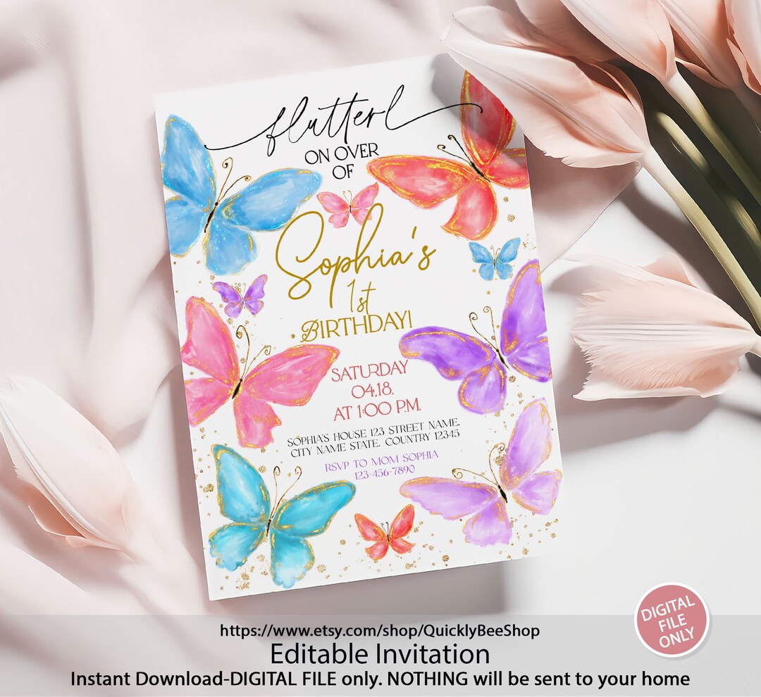 Butterfly First Birthday Invitation, Editable Colorful Butterfly Invite ...