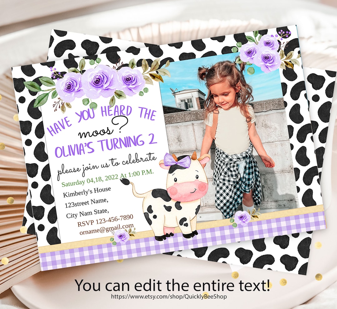 Invitación de cumpleaños de vaca morada con foto, plantilla editable en ...