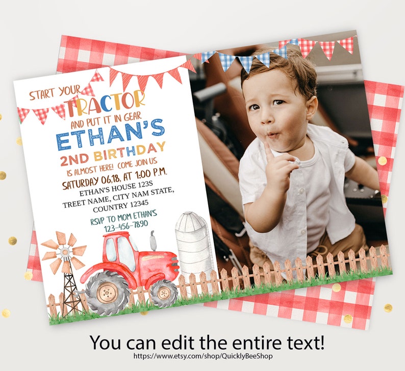 Editable Tractor Birthday Photo Invitation, Red Tractor Invitation ...