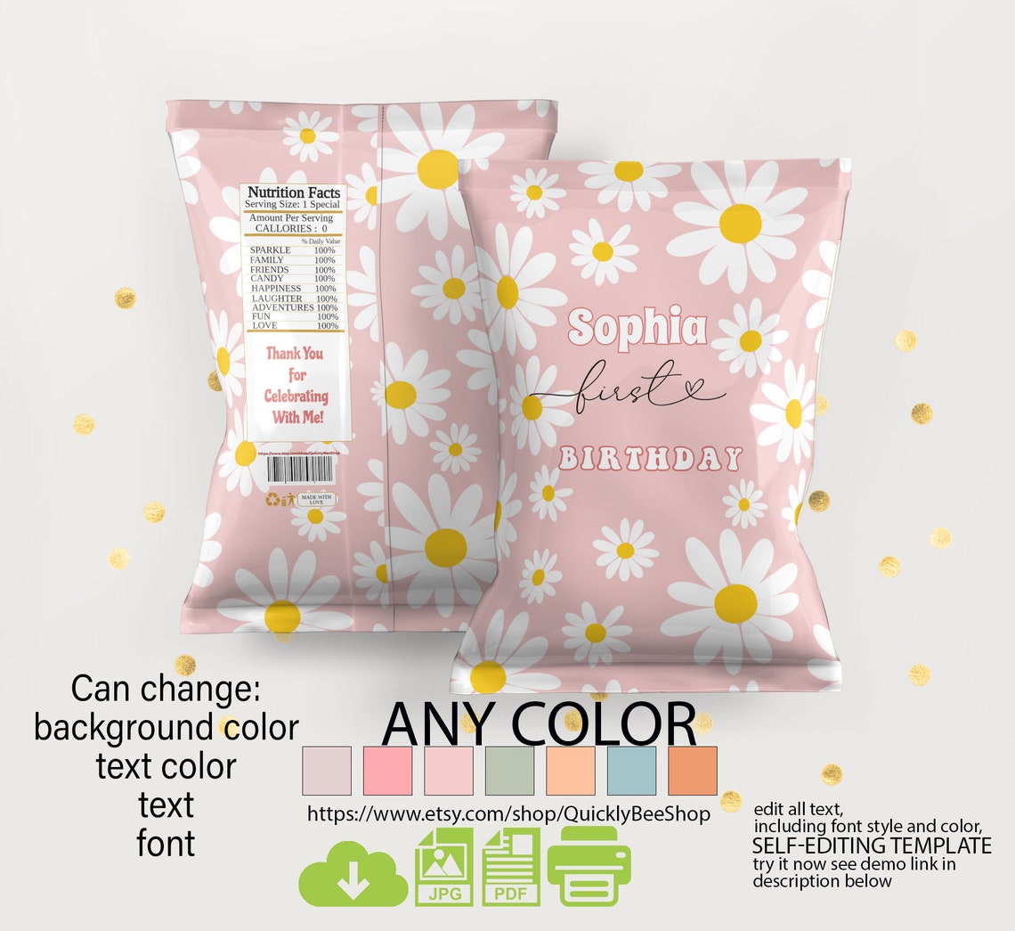 Daisy Birthday Chip Bag Template, Groovy Retro Invites, Daisy Hippy ...