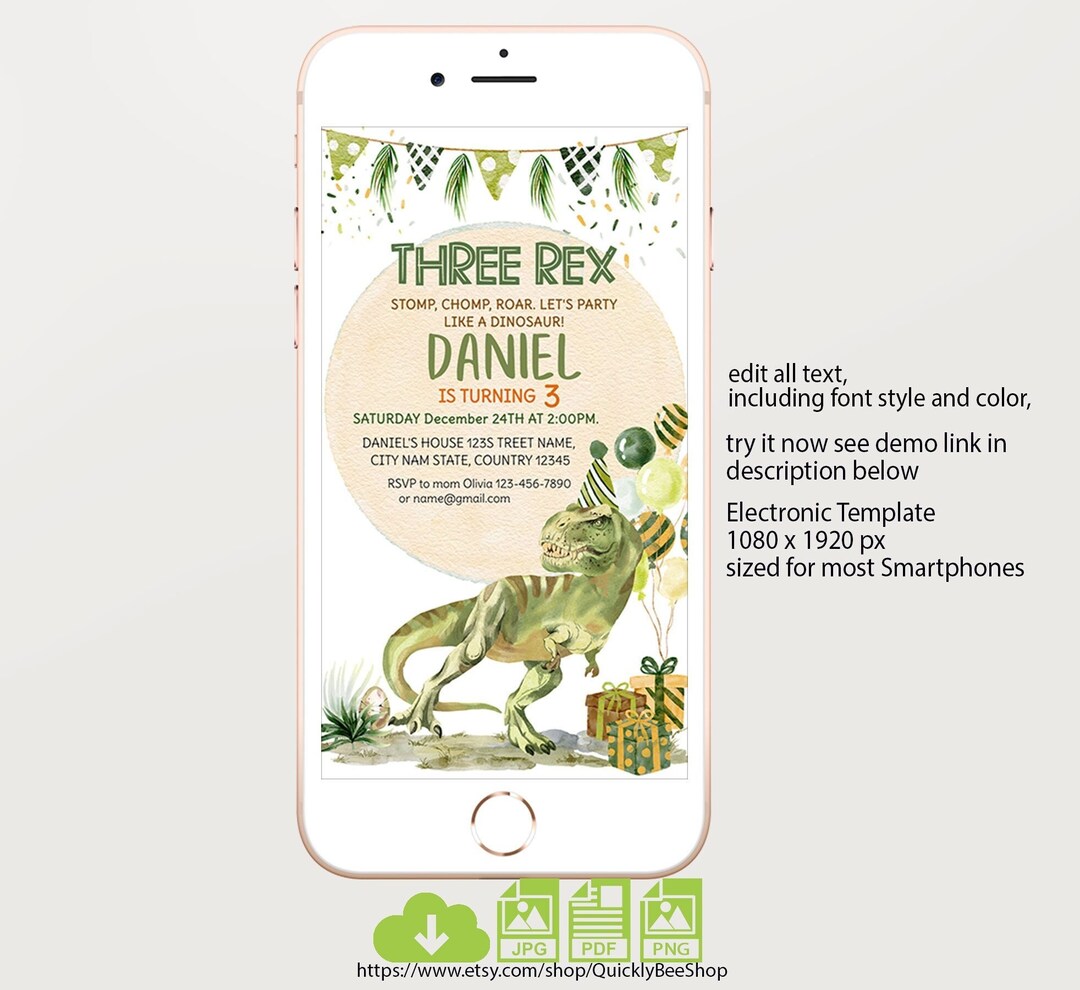 Editable Three Rex Mobile Invitation, Three Rex Birthday Invitation ...