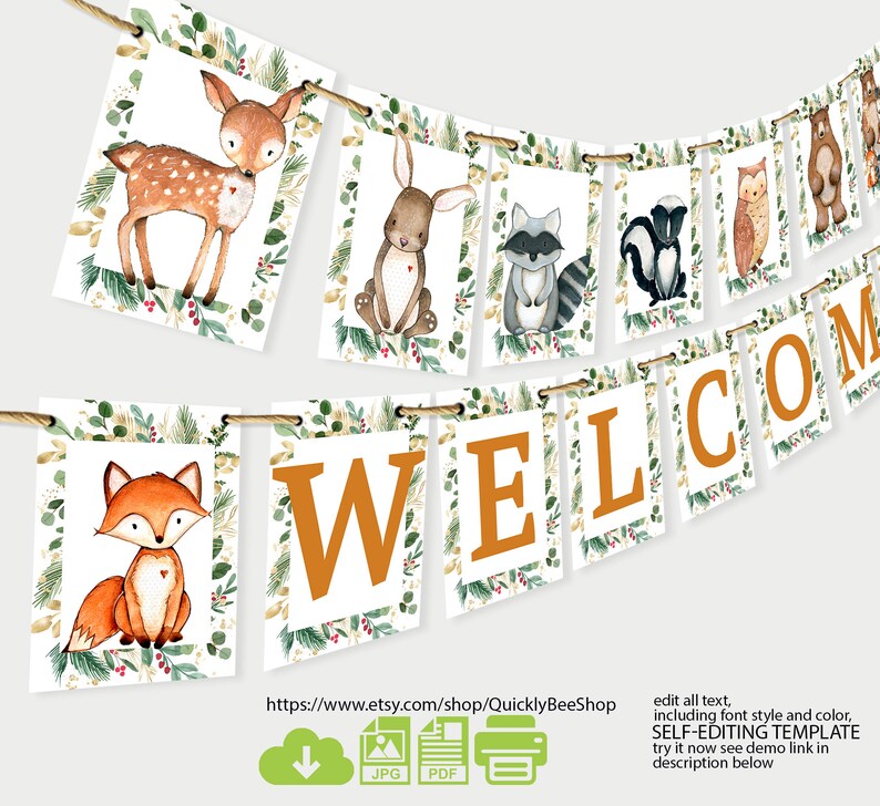 Editable Woodland Baby Shower Banner, Forest Animals (digital Download ...