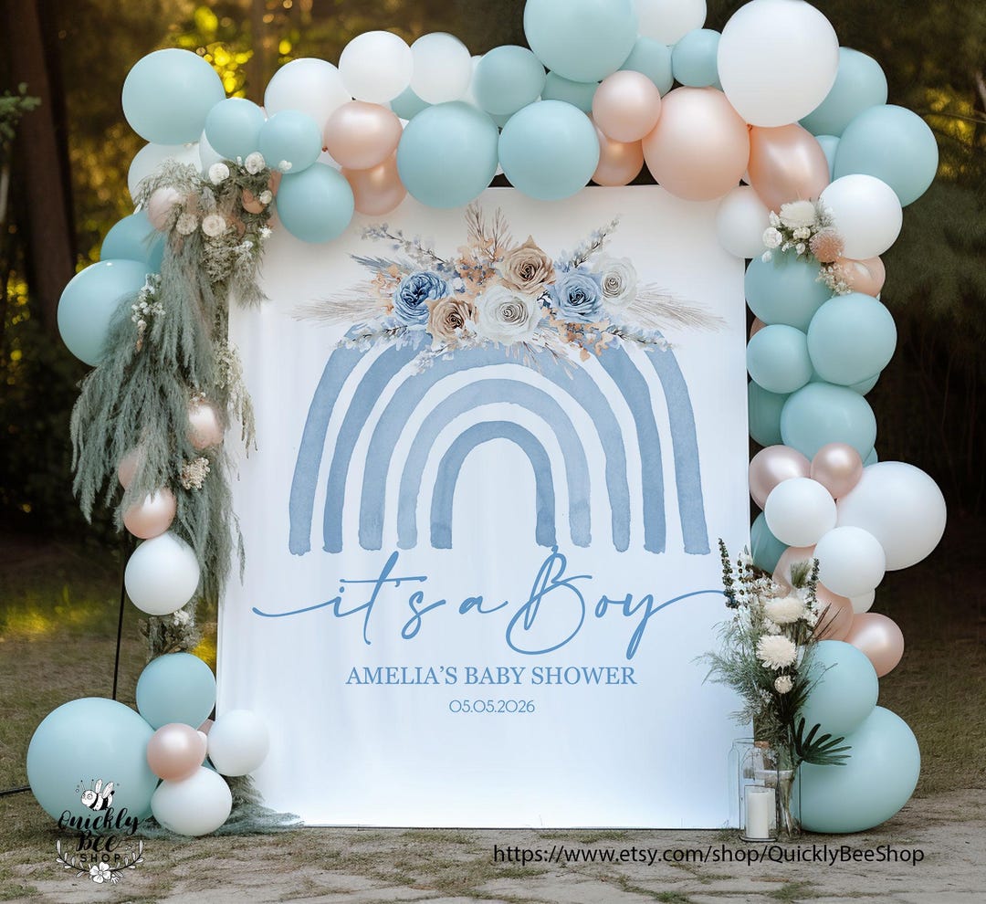 Blue Floral Boho Rainbow Baby Shower Backdrop, Rainbow Personalized ...