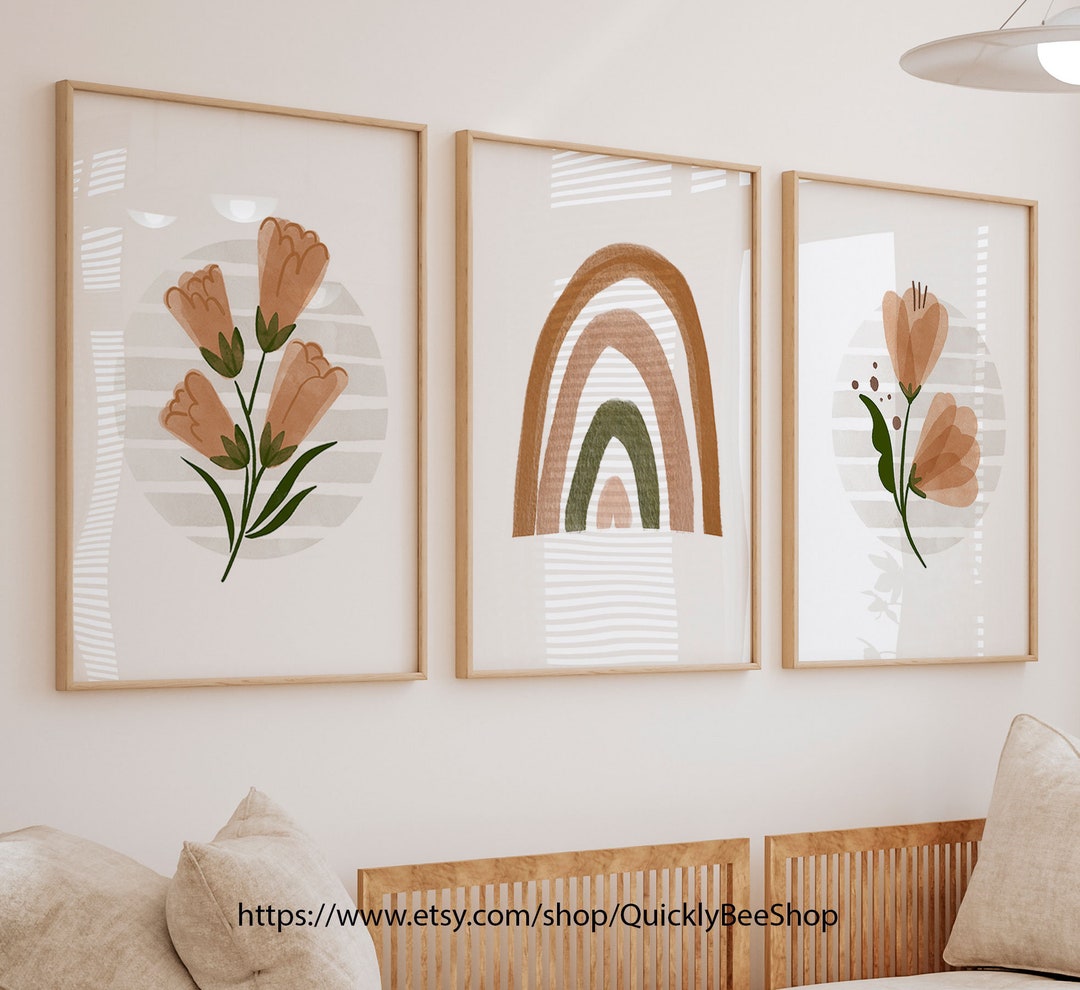 Boho Rainbow Floral Watercolor Set of 3 Art Prints, Neutral Floral ...