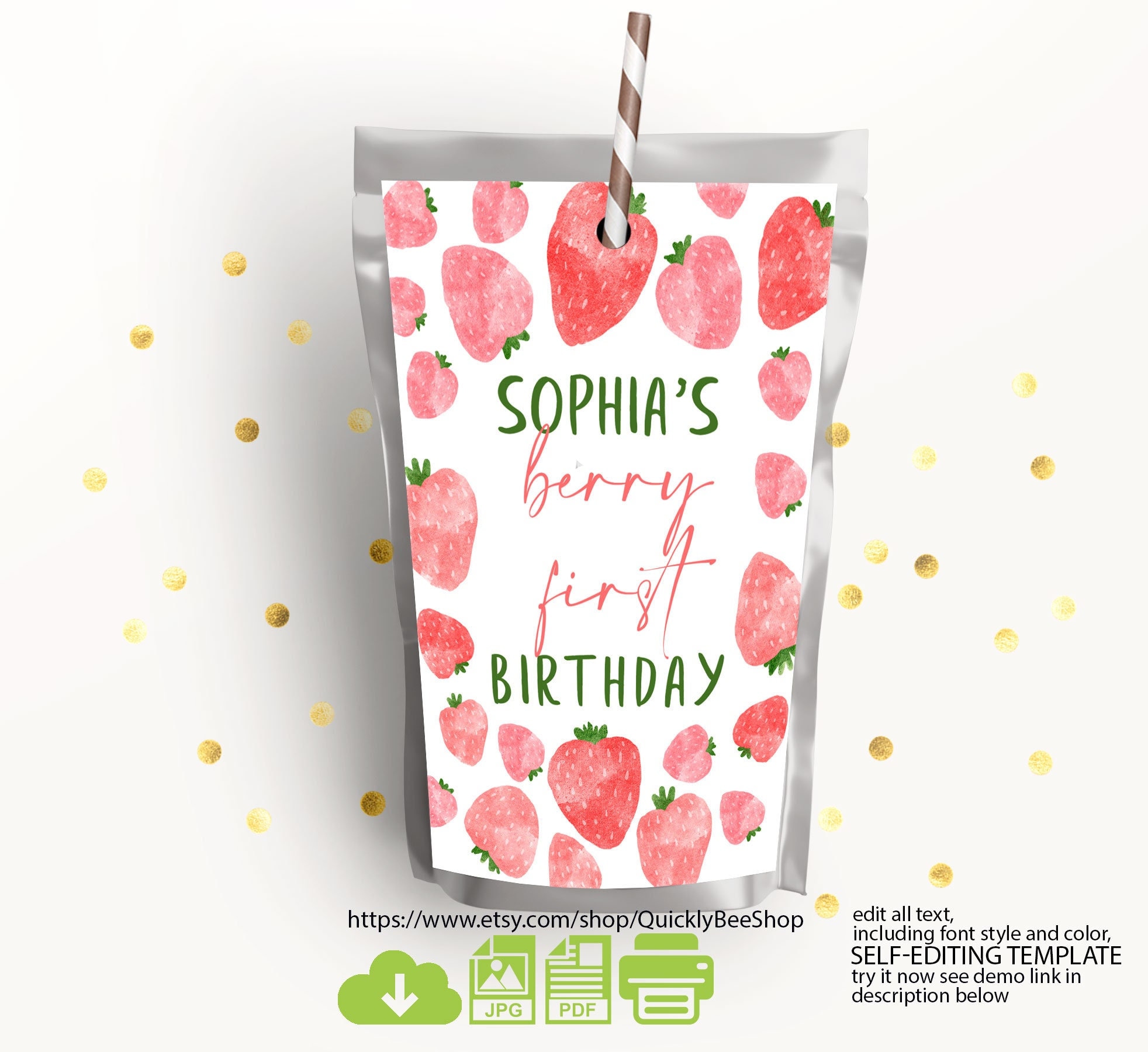 Editable Strawberry Capri Sun Label, Berry Juice Bag Label, Printable ...