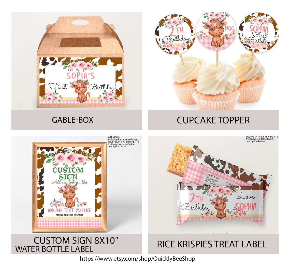EDITABLE Highland Cow Gable Gift Box Label Cow Birthday Party - Etsy