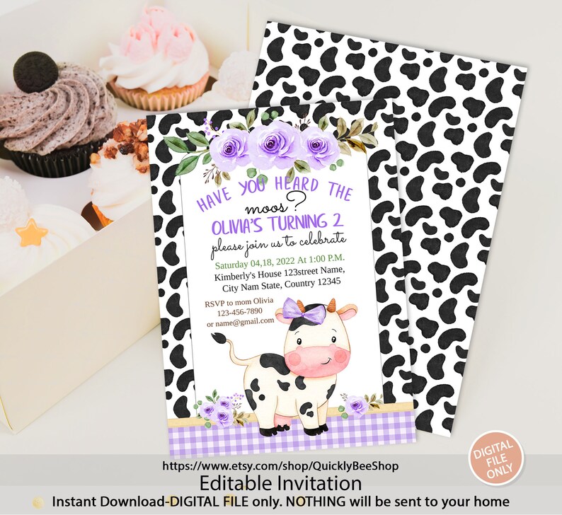 Cow Invitation Instant Download Cow Invitations Purple - Etsy