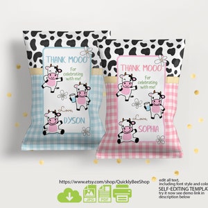 Editable Cow Chip Bags, Cow Birthday Party Decorations, Girl Farm Party ...