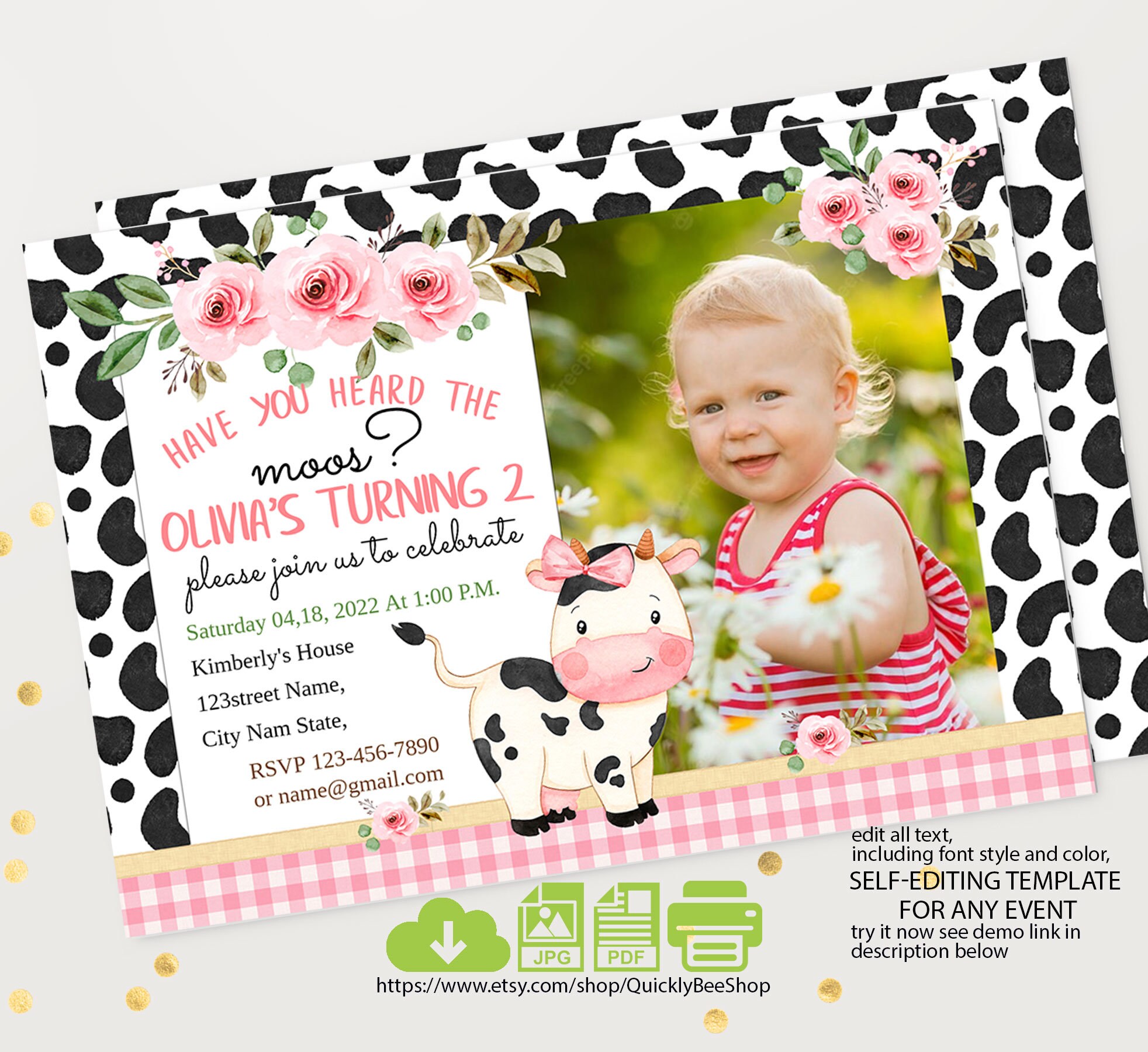 Cow Birthday Invitation With Photo Editable Template Online - Etsy