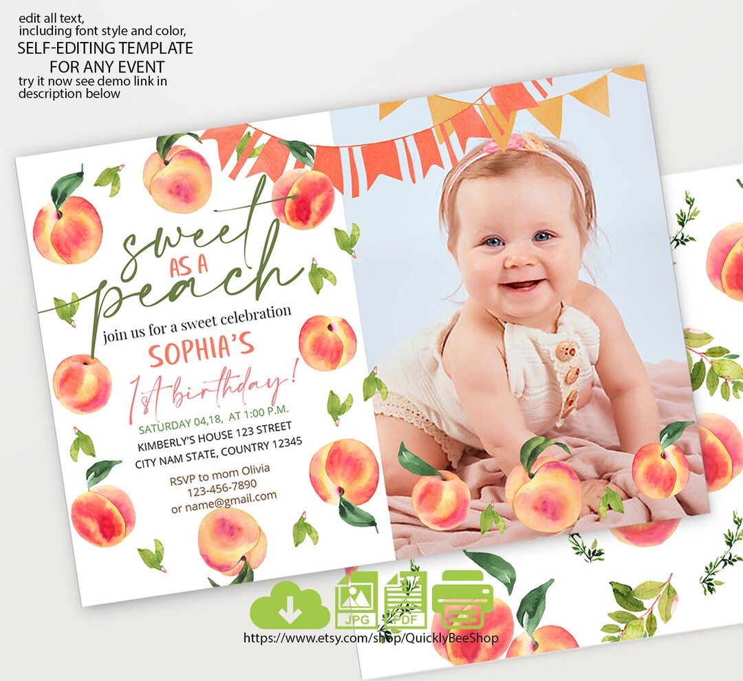 Editable Peach Birthday Invitation, Sweet as A Peach First Birthday ...