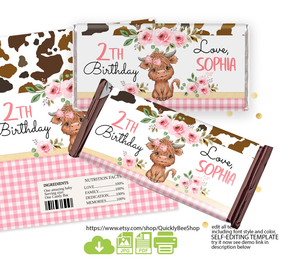 Editable Cow Birthday Candy Bar Wrapper Birthday Party, Chocolate Bar ...