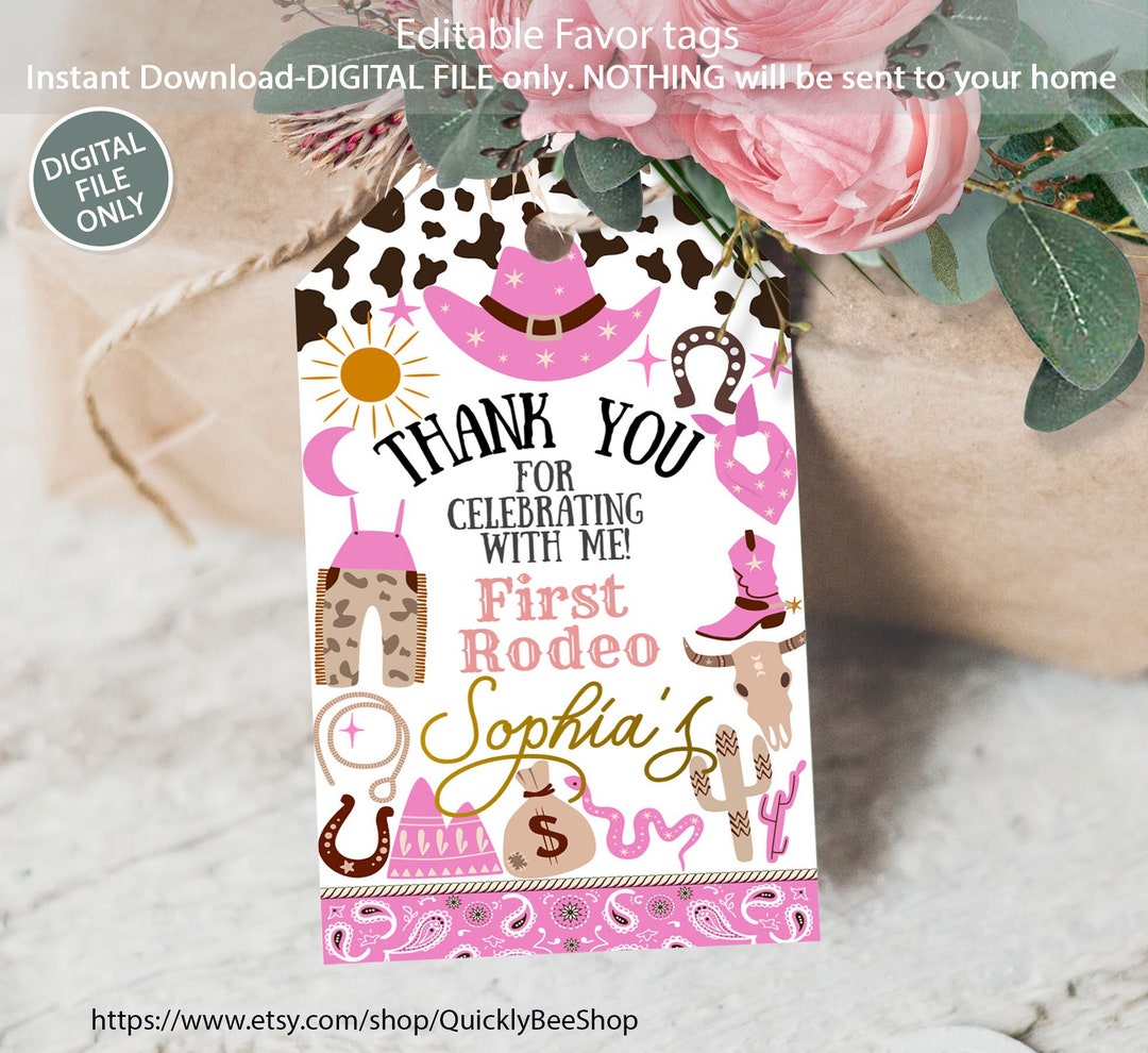 Editable First Rodeo Birthday Party Favor Tag, Cowgirl Thank You Tag ...