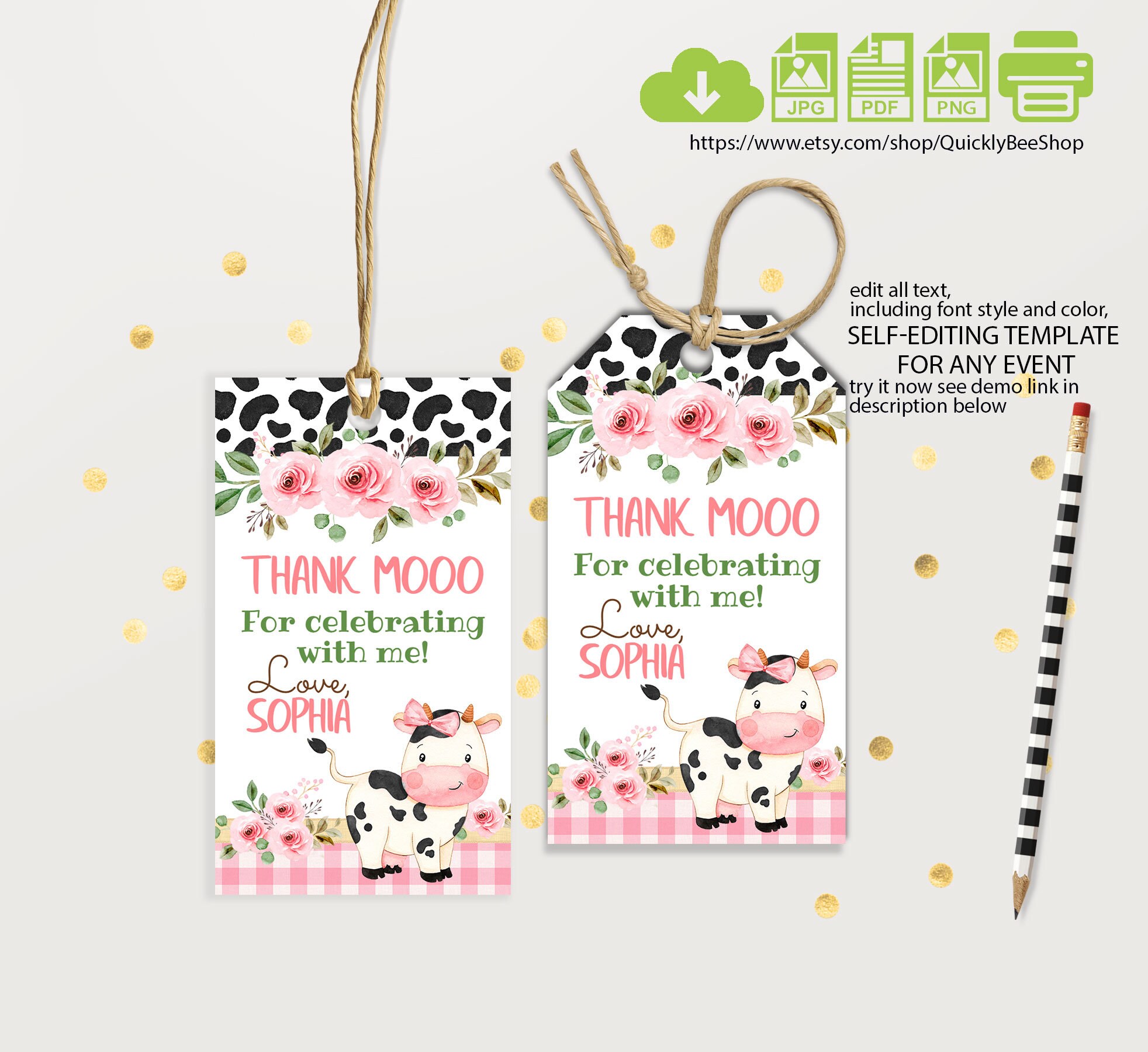 Cow Thank You Tag, Printable Cow Birthday Tag, Instant Download Blush ...