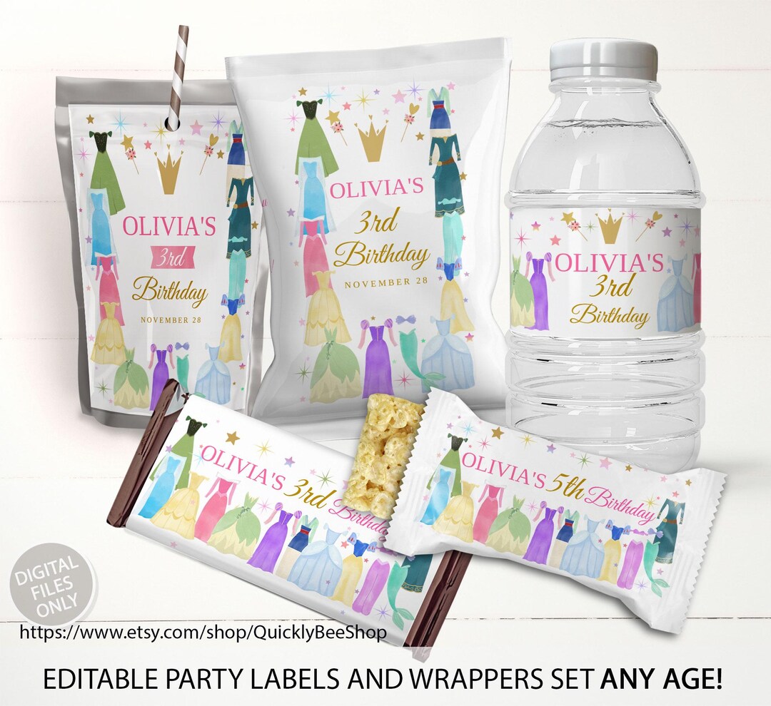 Princess Birthday Party Label Set, Wrapper Bag of Chips, Juice Label ...