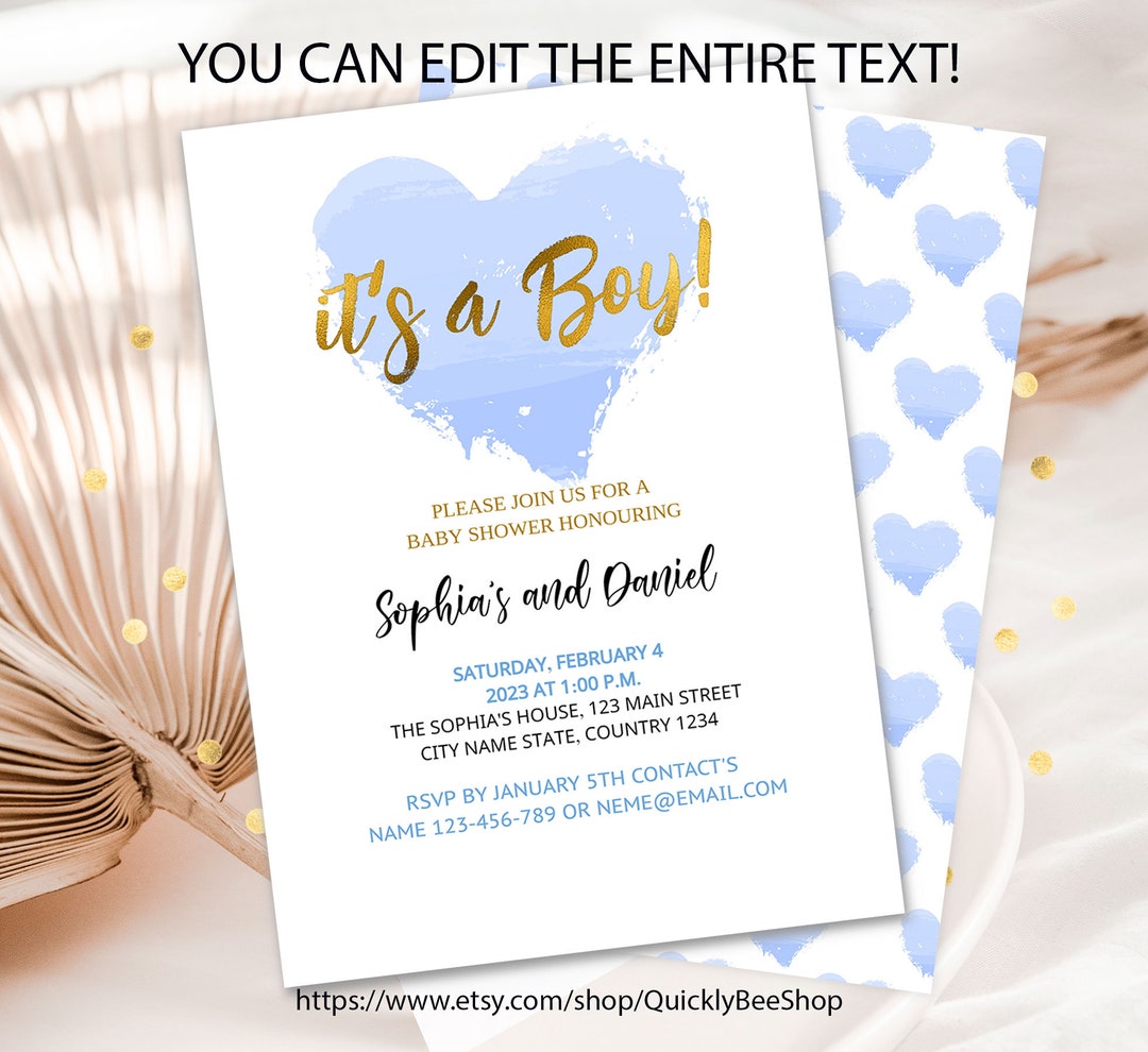 EDITABLE Heart Baby Shower Invitation, Little Sweetheart Boy Baby ...