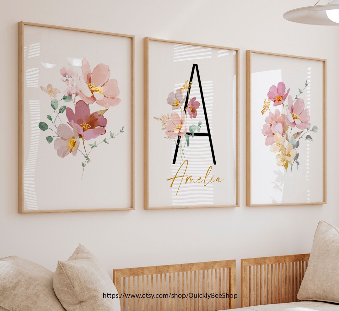 Pink Floral Garden Watercolor Prints, Girl's Room Decor, Personalized ...
