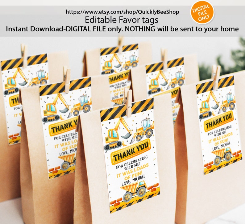 Editable Construction Birthday Party Favors Tag, Gift Tags Template Set ...