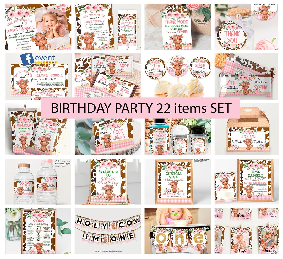 EDITABLE Cow Birthday Party Bundle, Digital Template, Cow Theme, Party ...