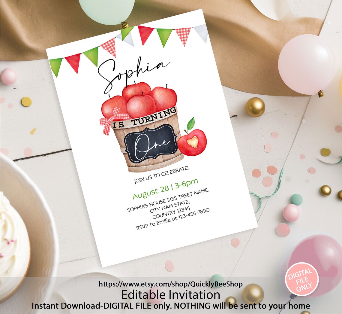 Apple Birthday Invitation Template, Fall Birthday Party, Apple of Our ...