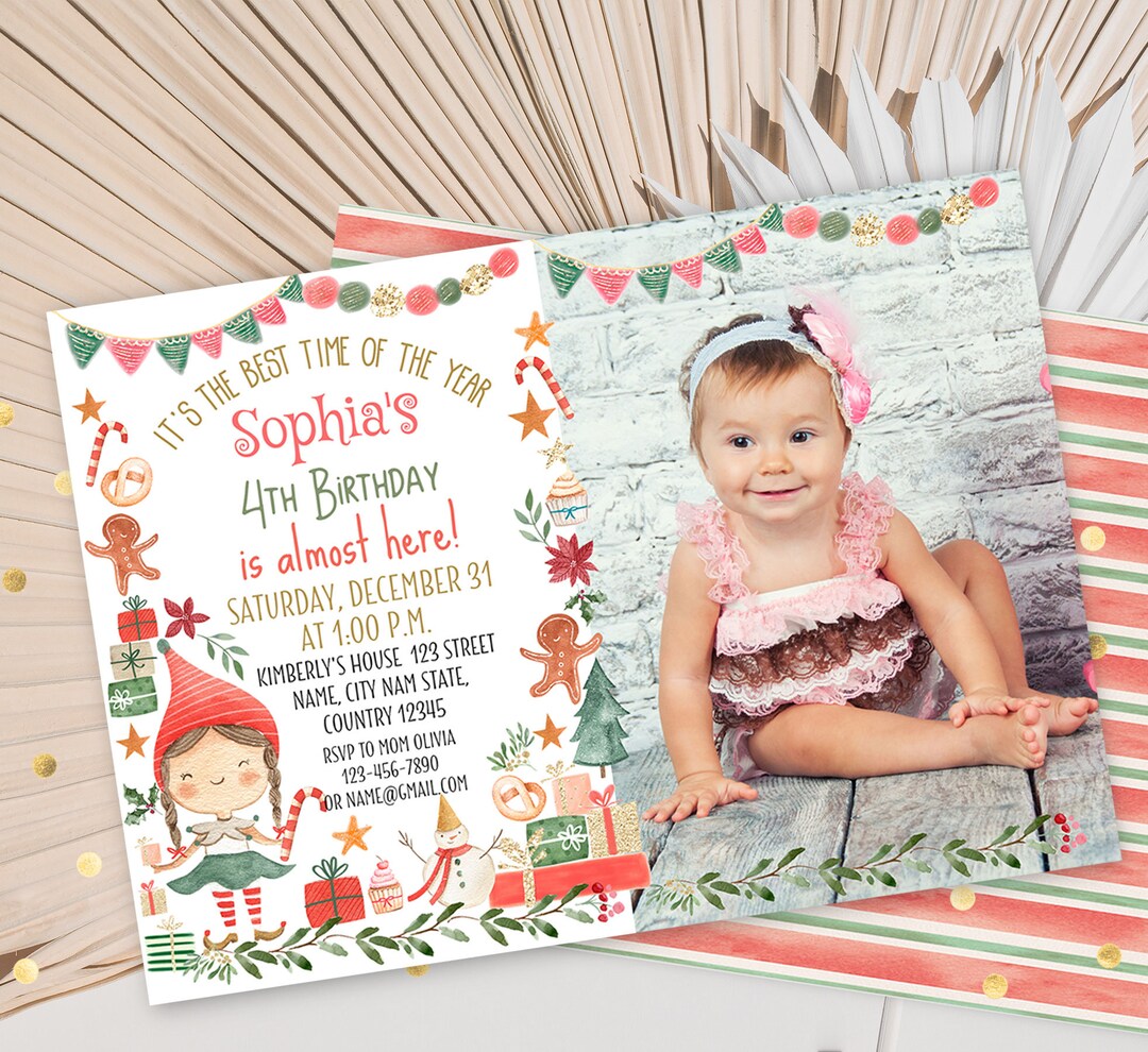 Editable Elf Birthday Photo Invitation Girl Elf 1st Birthday - Etsy