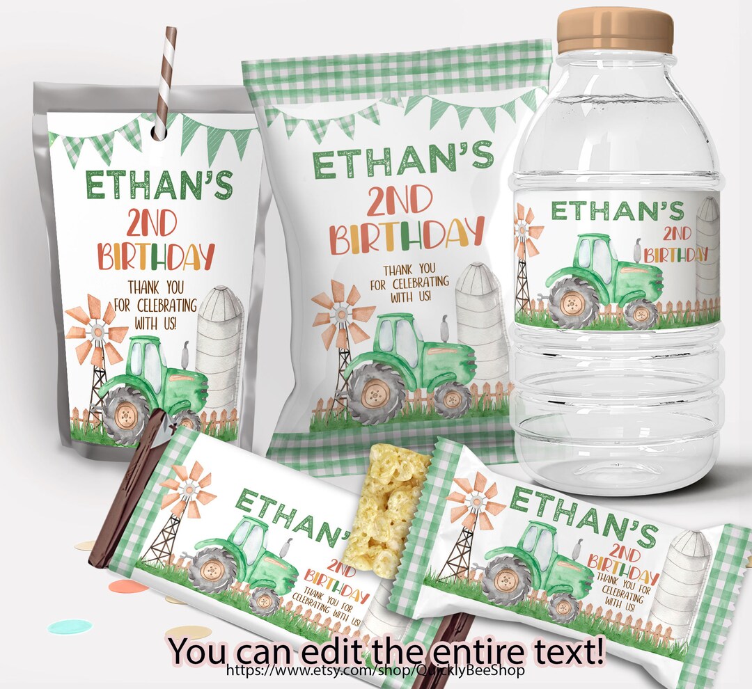 Green Tractor Birthday Party Decor, Chip Bag Wrapper, Treat Wrapper ...