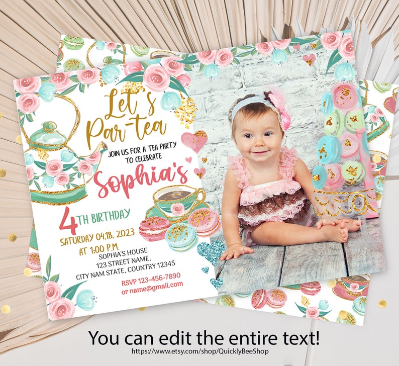 EDITABLE Tea Party Birthday Invitation, Girl Photo Birthday Invite ...