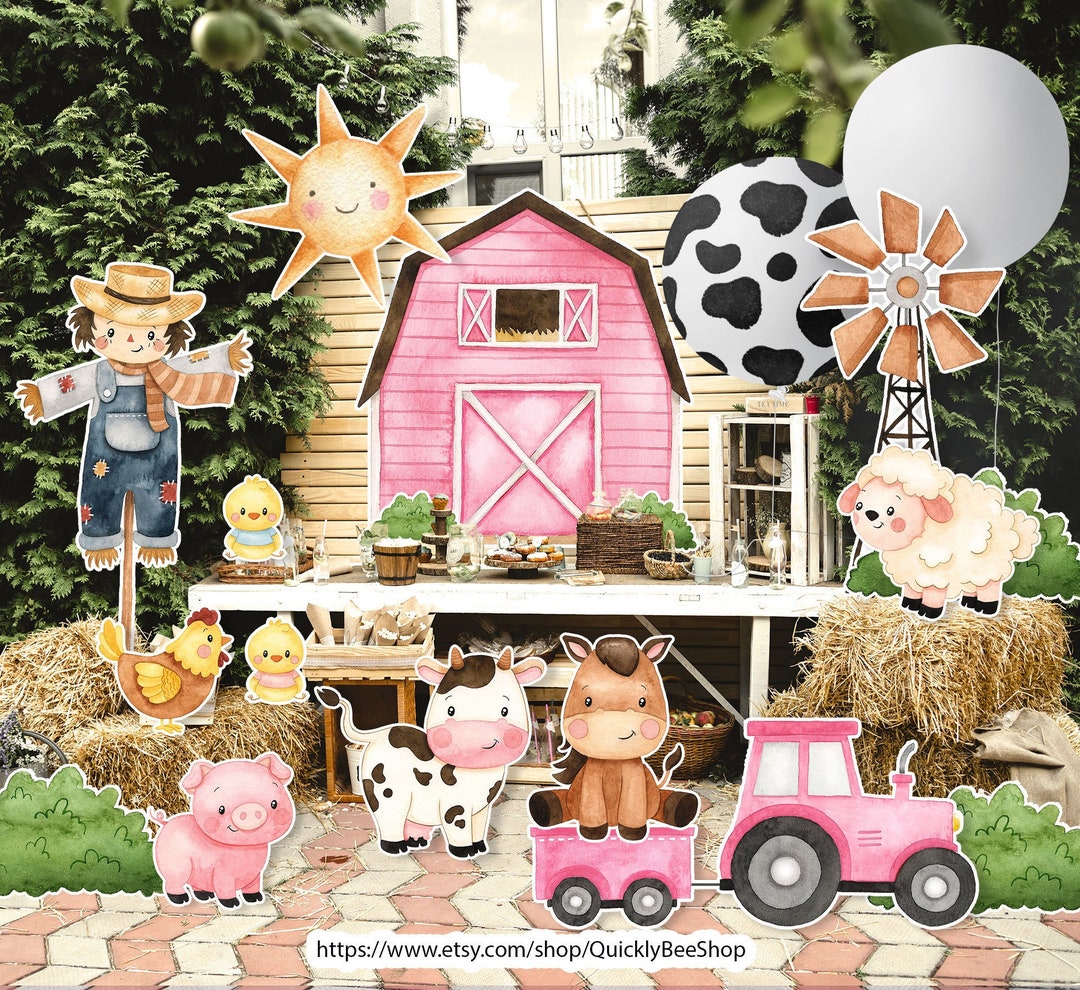 Big Pink Decor Farm, Barn, Donkey, Lamb, Piglet, Chicken, Sun, Animals ...
