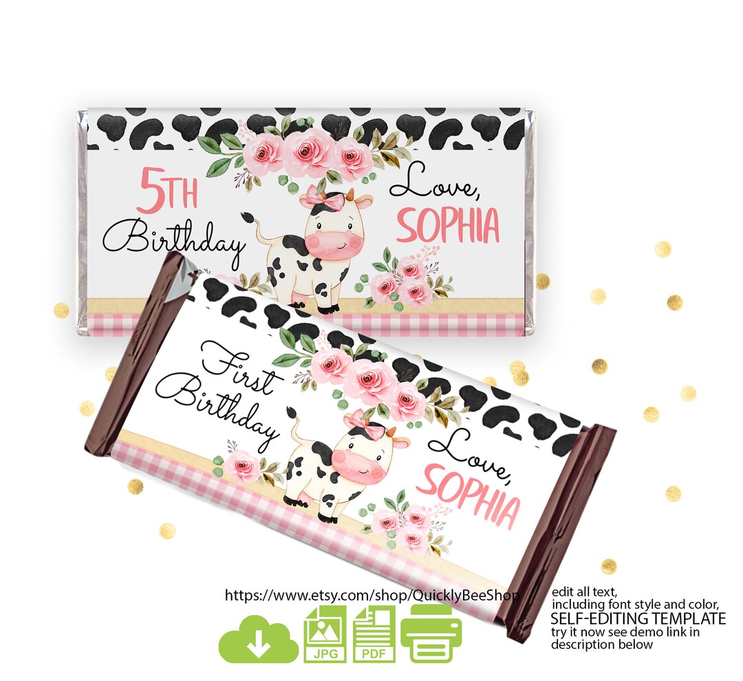Editable Cow Birthday Candy Bar Wrapper Birthday Party, Chocolate Bar ...