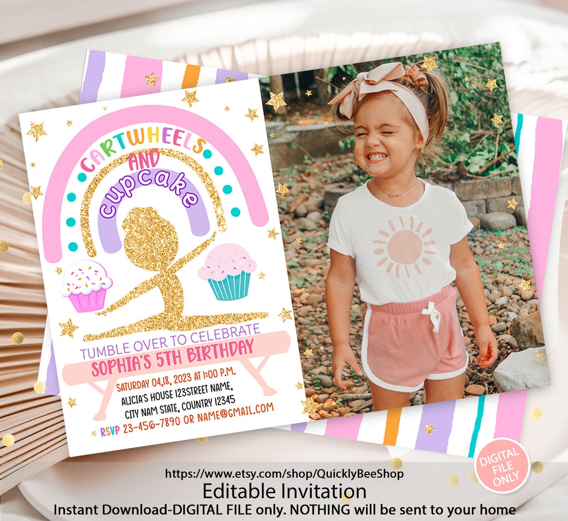 Editable Cartwheels and Cupcakes Invitation, Gymnastics Birthday Party ...