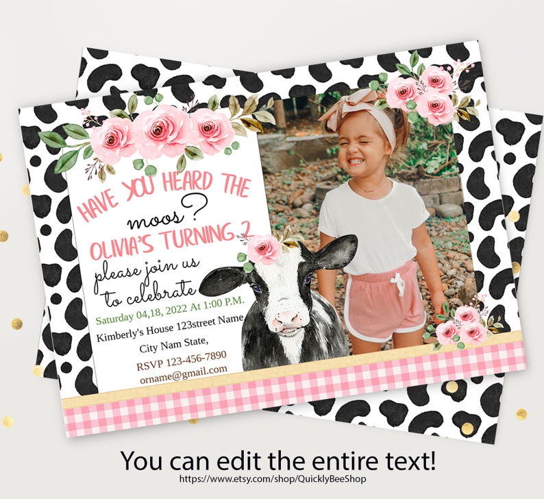 Cow Birthday Invitation With Photo Editable Template Online - Etsy