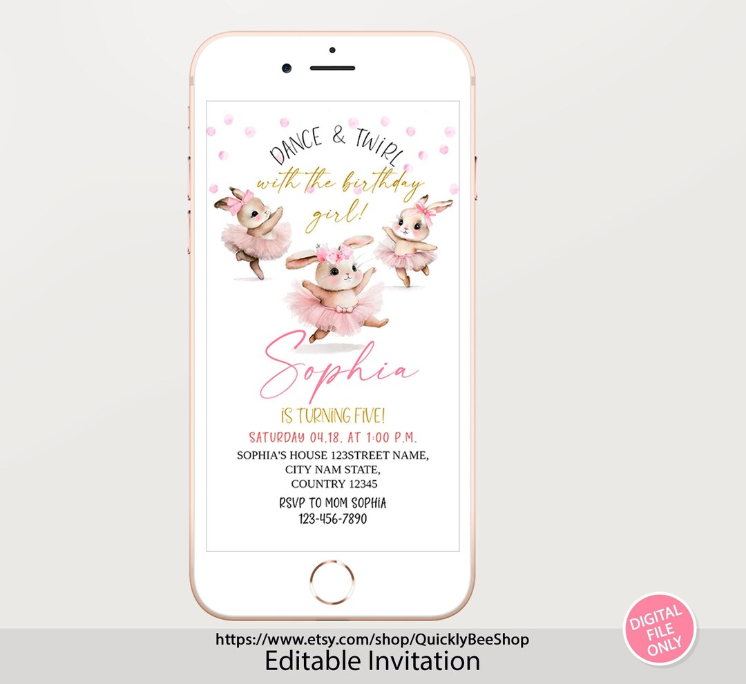 Ballerina Birthday Electronic Invitation Editable Bunny Party Phone ...