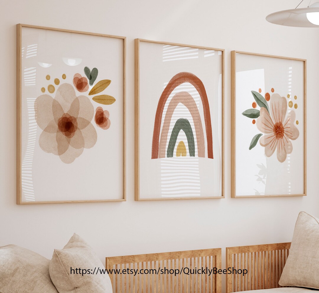 Watercolor Floral Wall Art, Watercolor Flower Art, Neutral Rainbow ...
