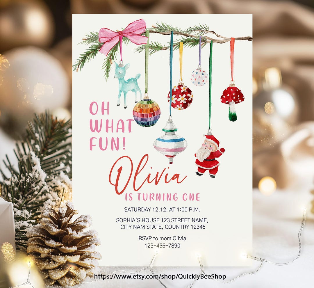 Pink Christmas First Birthday Invitation, Oh What Fun Christmas ...