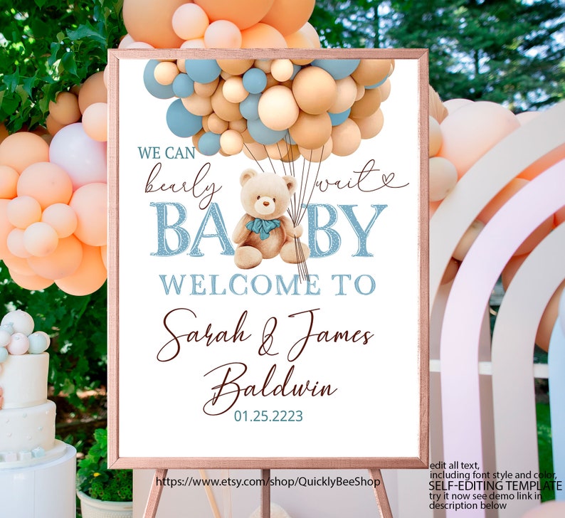 Editable Teddy Bear Baby Shower Welcome Sign Bear Themed Baby - Etsy