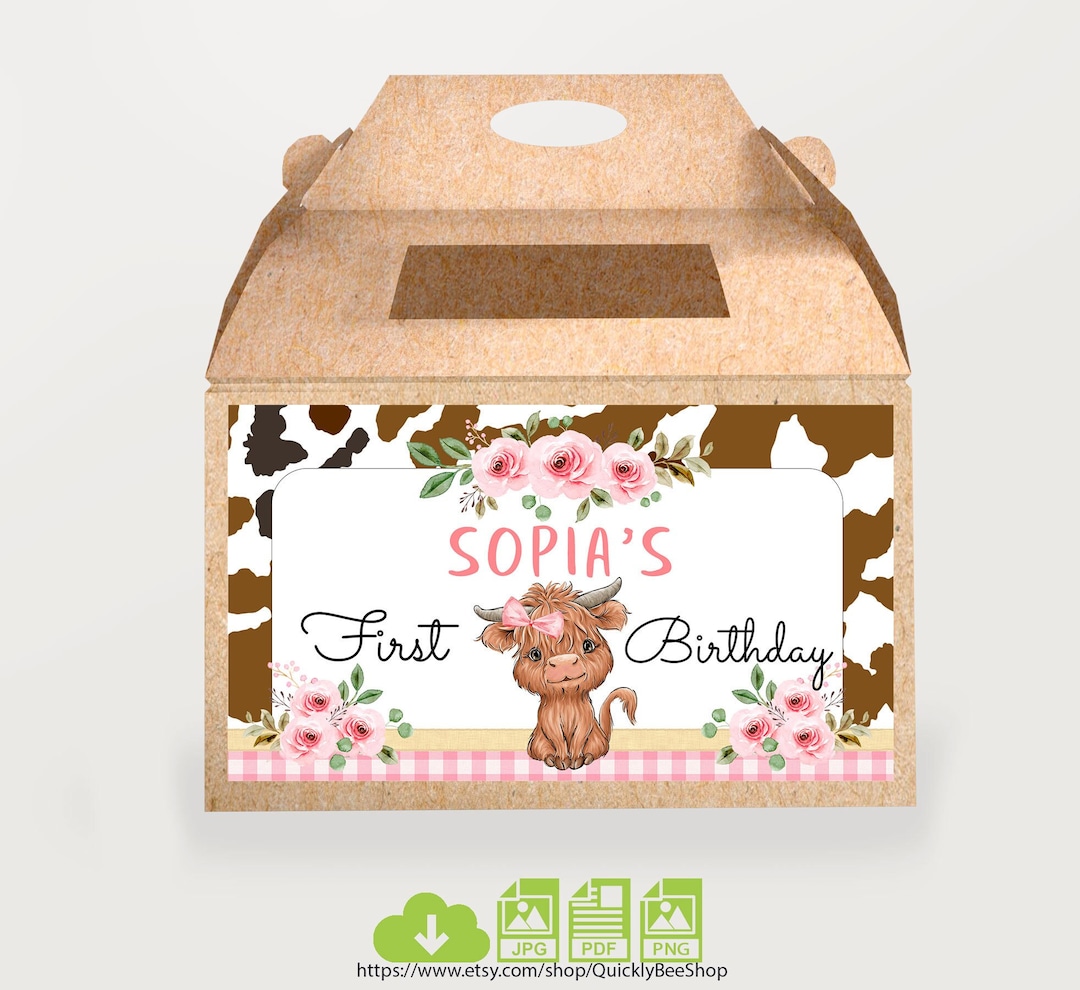 EDITABLE Highland Cow Gable Gift Box Label, Cow Birthday Party Favor ...