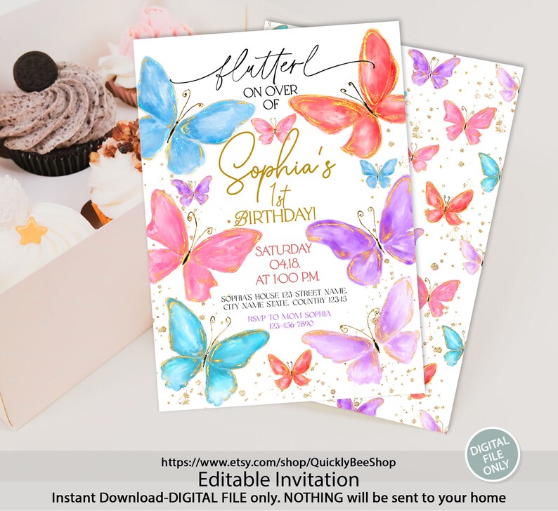 Butterfly First Birthday Invitation, Editable Colorful Butterfly Invite ...