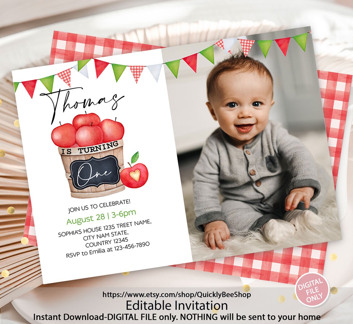 Apple Birthday Photo Invitation Template, Fall Birthday Party, Apple of ...