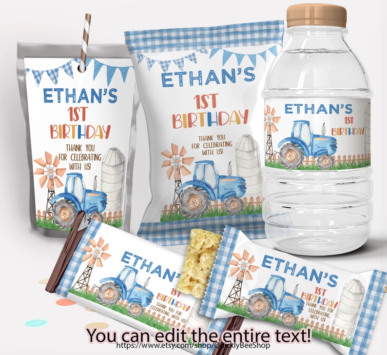 Blue Tractor Birthday Party Decor, Chip Bag Wrapper, Treat Wrapper ...