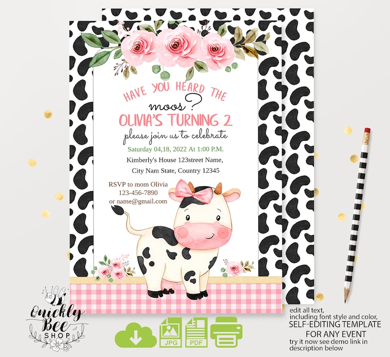 Pink Floral Cow Birthday Invitation, Girls Invite (digital Download) - Etsy