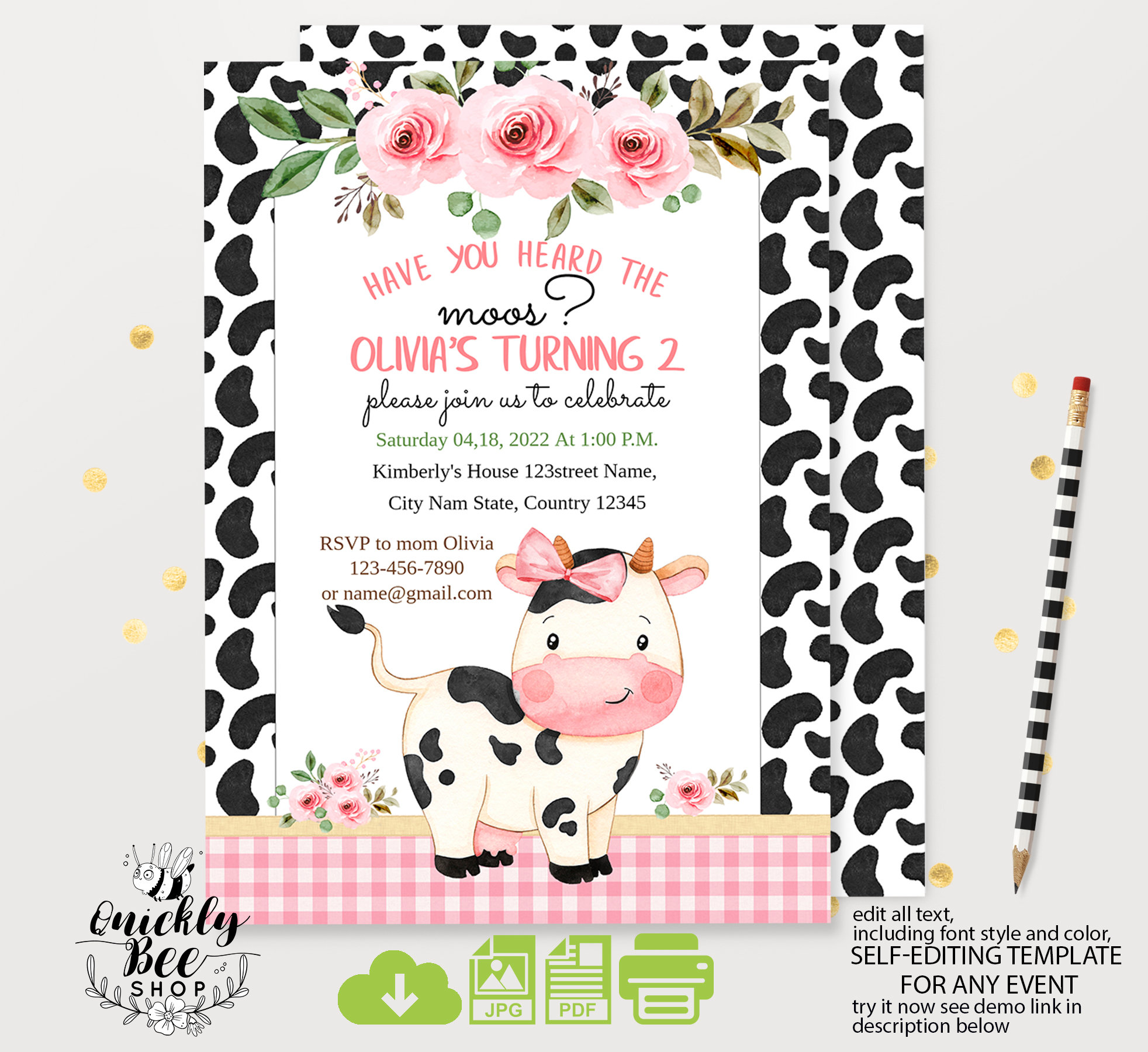 Cow Invitation Instant Download Cow Invitations Pink Floral - Etsy