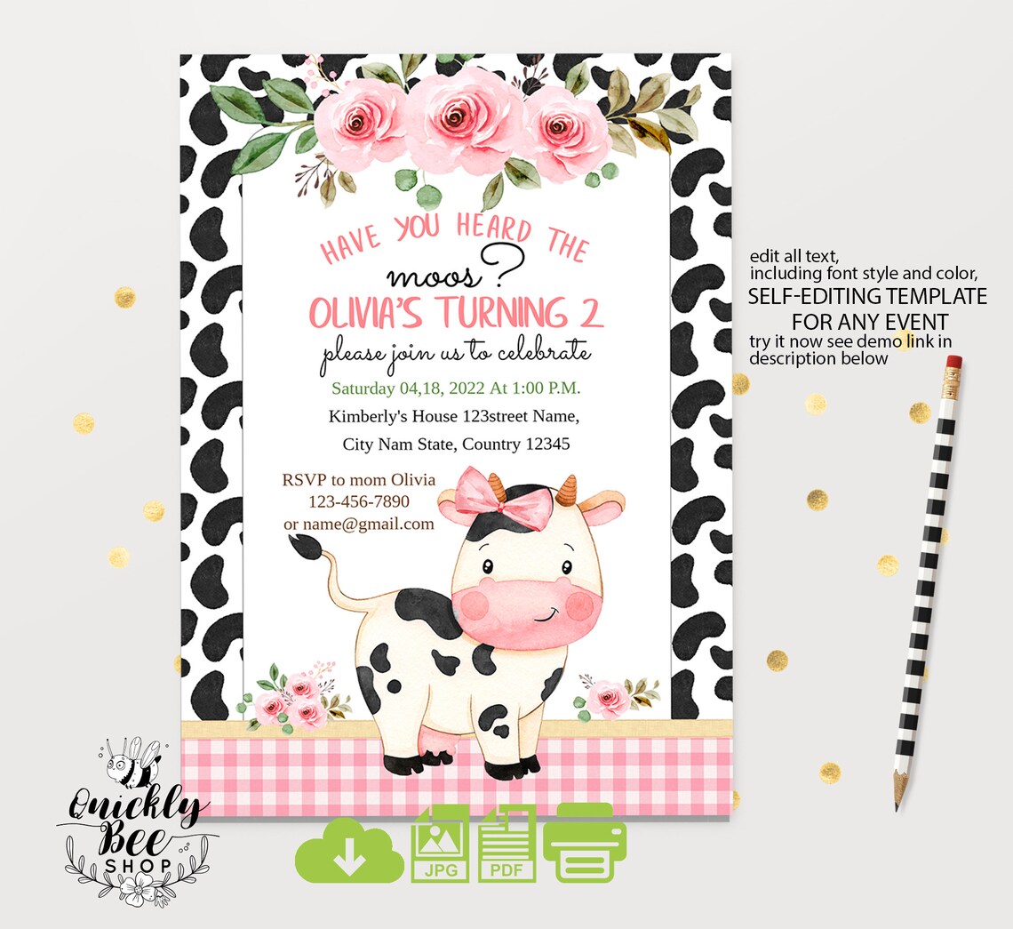 Cow Invitation Instant Download Cow Invitations Pink Floral - Etsy