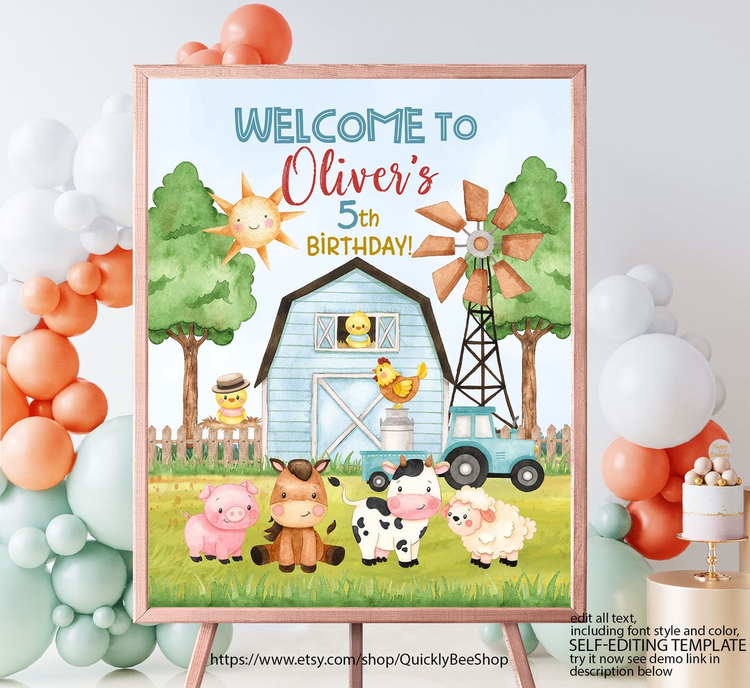 Editable Welcome Sign Farm, Farm Animals Sign Boy Barnyard Birthday ...