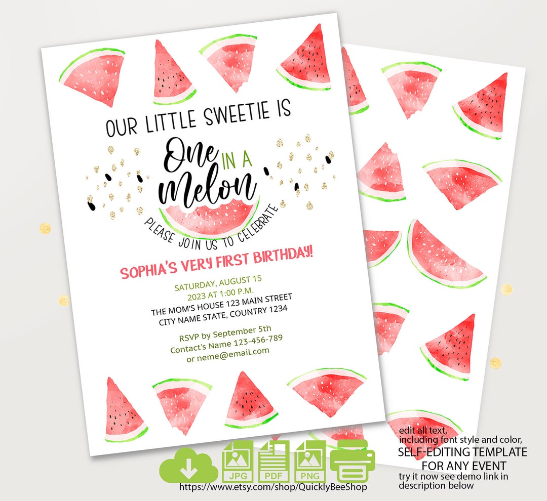 Watermelon Invitation, Watermelon Birthday Invitation, One in a Melon ...