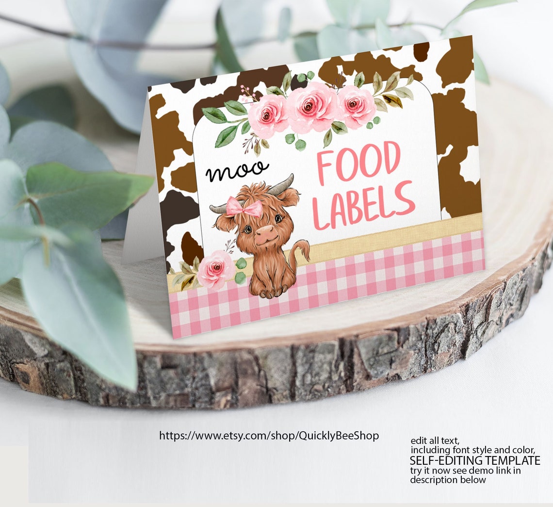 Editable Cow Place Cards Food Labels Girl Farm Birthday - Etsy