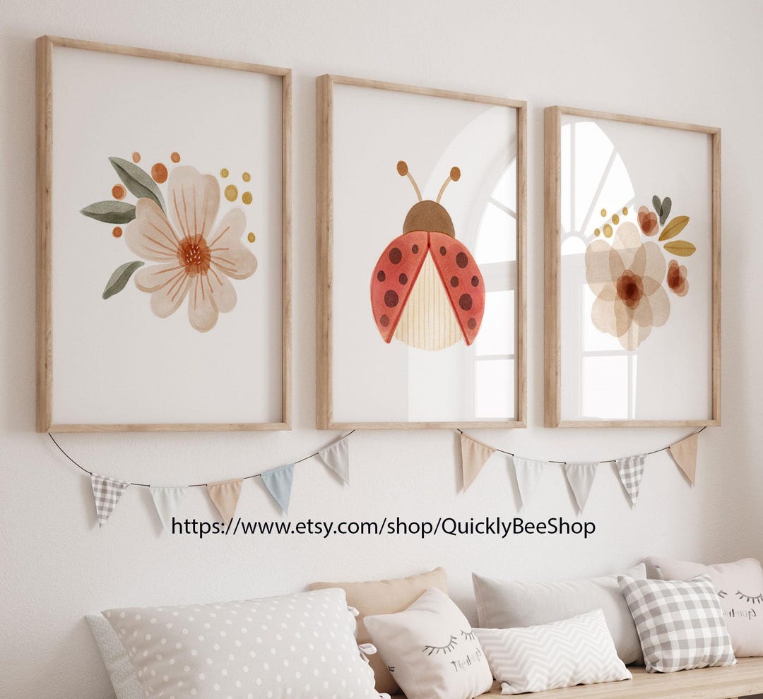 Ladybug Floral Watercolor Prints, Floral Ladybug Nursery Wall Art ...
