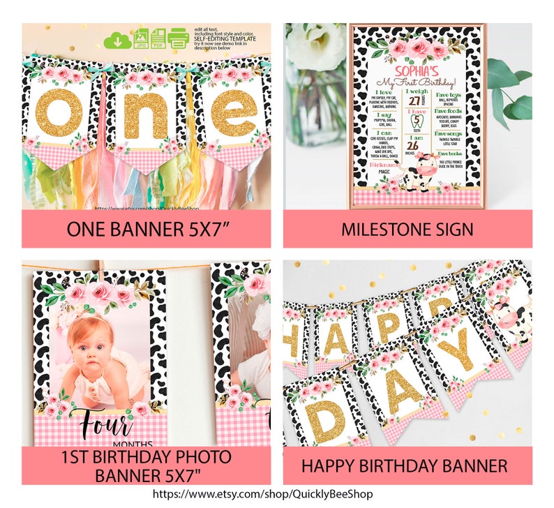 EDITABLE Cow Birthday Party Bundle Digital Template Cow - Etsy