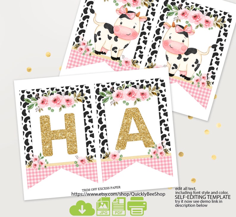 EDITABLE Cow Banner Happy Birthday Banner Printable 1st | Etsy