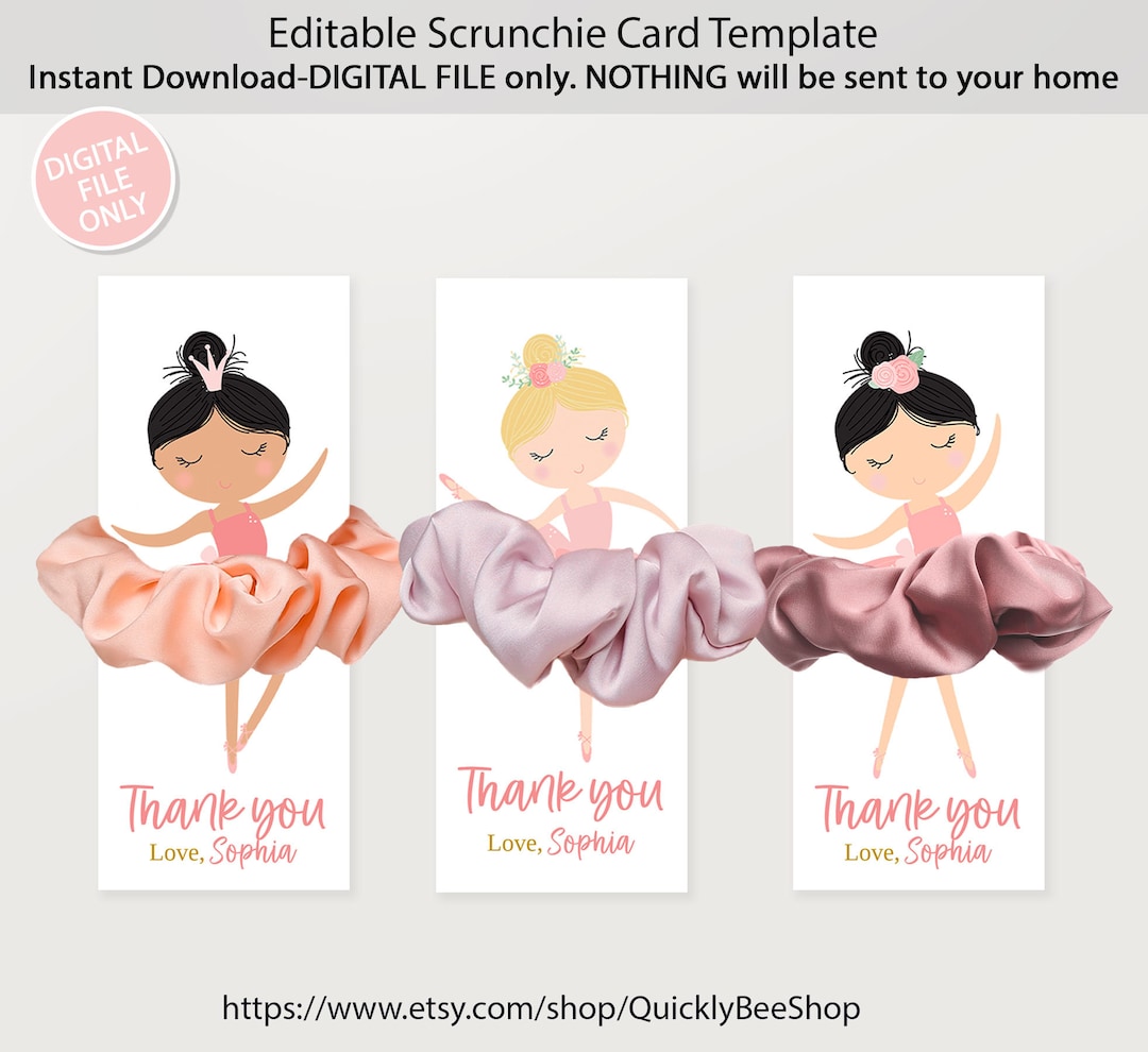 Ballerina Scrunchie Card Template, Ballet Dancer Party Favor Cards ...