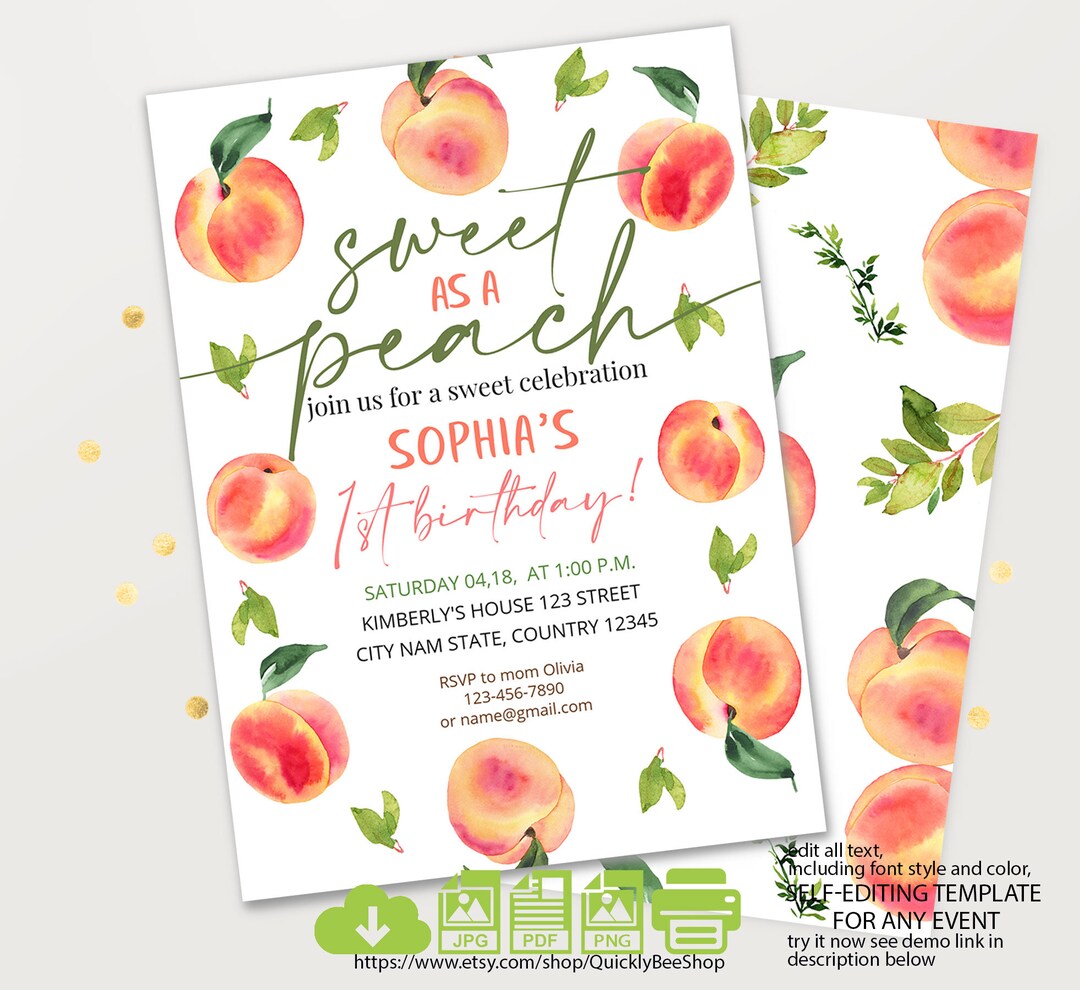 Editable Peach Birthday Invitation, Sweet as A Peach First Birthday ...