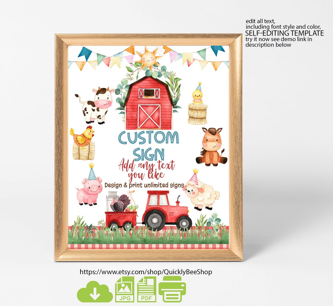 Editable Custom Sign Farm, Farm Animals Sign Boy Girl Barnyard Birthday ...